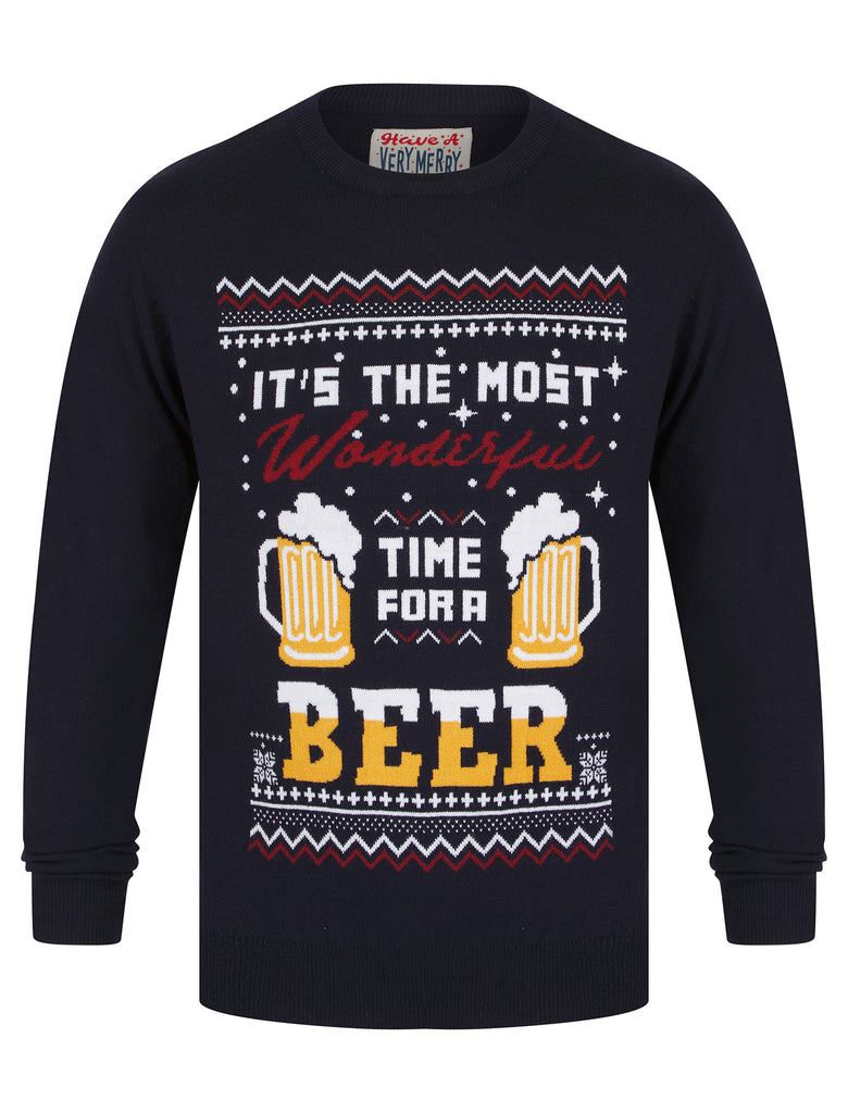 Men's Time For A Beer Novelty Knitted Christmas Jumper in Ink - Merry ...
