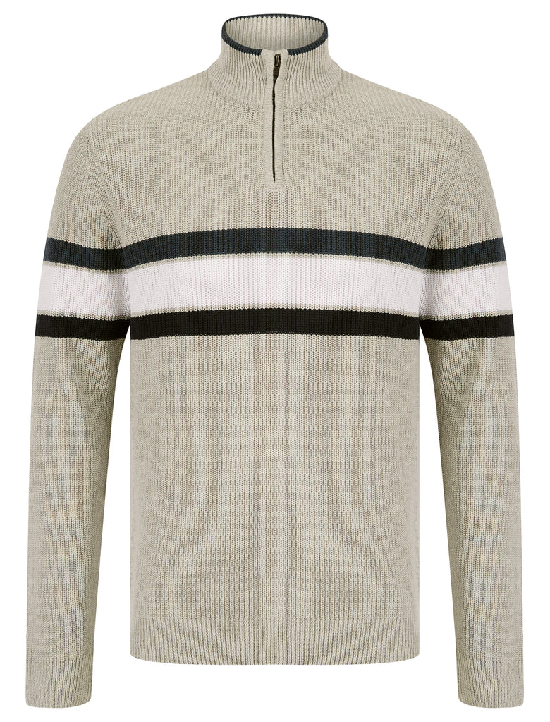 Geoffrey Striped Quarter Zip Neck Knit Jumper in Light Silver Marl - K ...