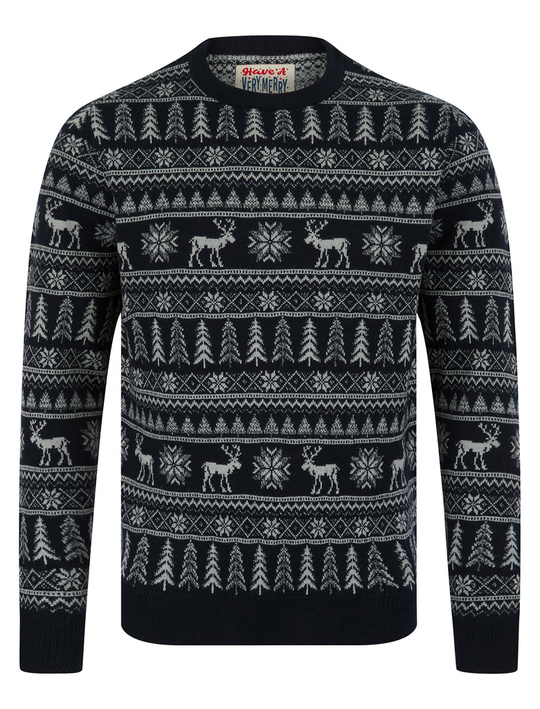 Nilsen Jacquard Nordic Fair isle Christmas Jumper in Ink - Merry Chris ...