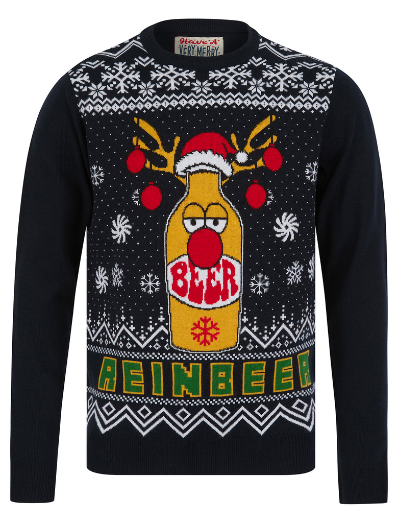 Men's Beer Novelty Knitted Christmas Jumper in Ink - Merry Christmas ...
