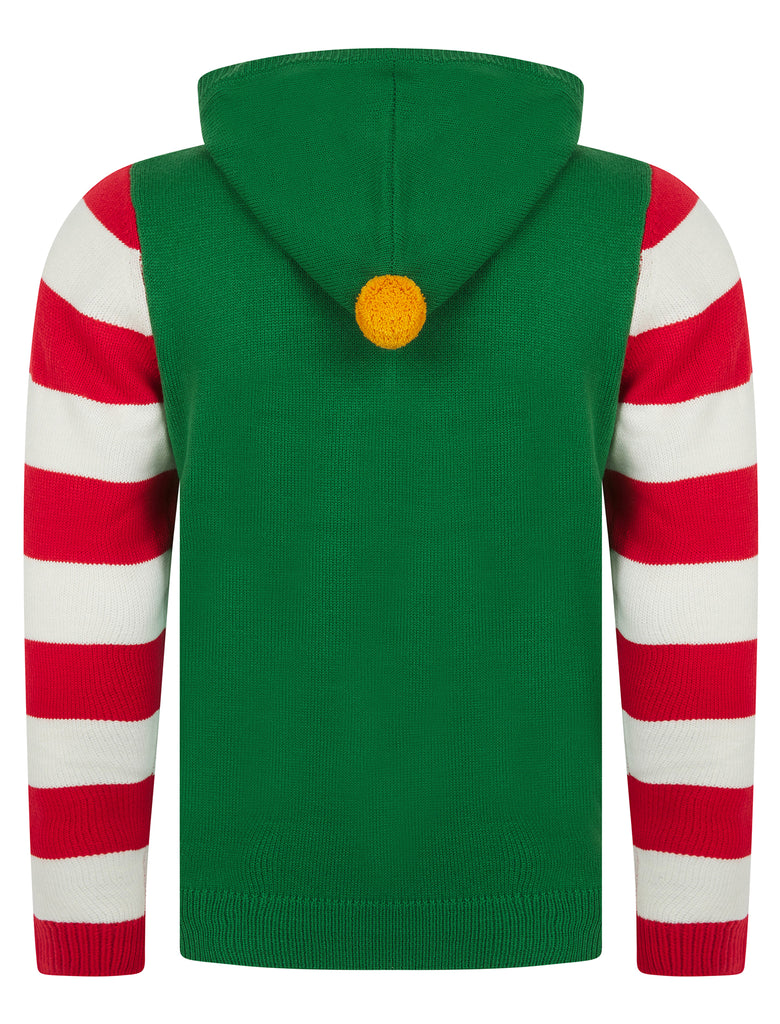 Men's Elf Novelty Hooded Knitted Christmas Jumper in Christmas Green ...