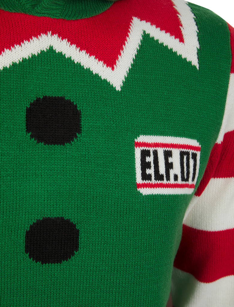 Men's Elf Novelty Hooded Knitted Christmas Jumper in Christmas Green ...