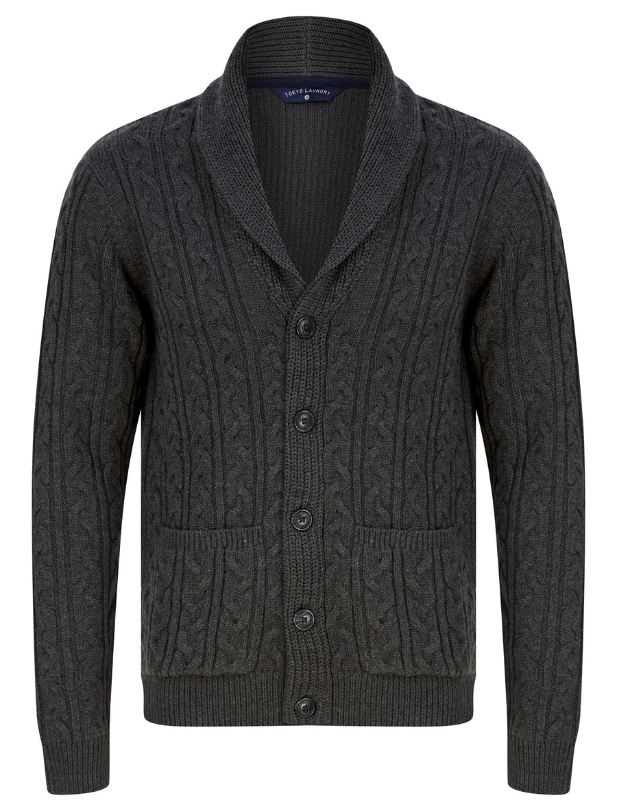 Manji 2 Chunky Cable Knitted Cardigan with Shawl Collar in Charcoal Ma ...