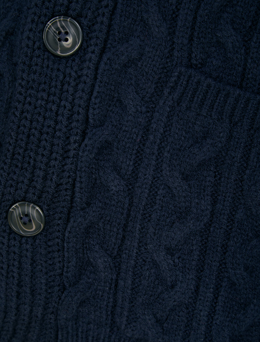 Manji 2 Chunky Cable Knitted Cardigan with Shawl Collar in Ink - Tokyo ...