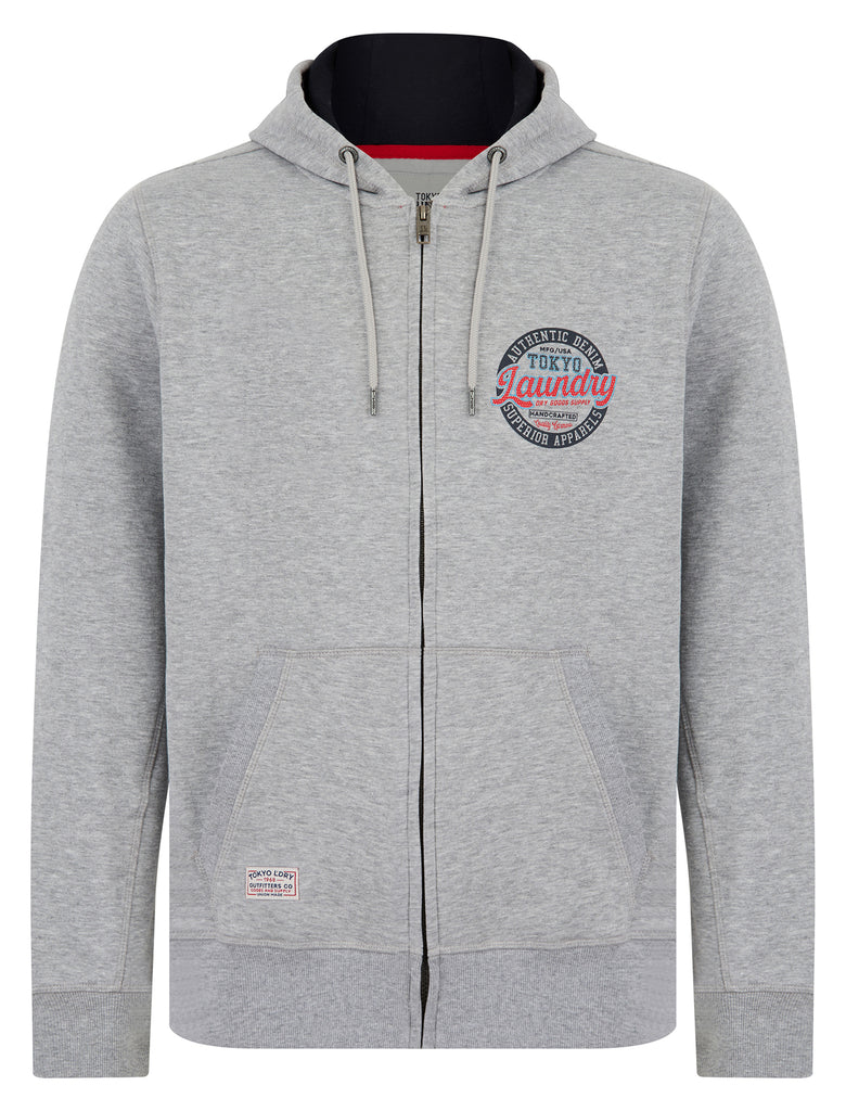 Baxter Reverse Print Brushback Fleece Zip Through Hoodie in Light Grey ...