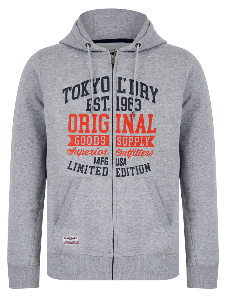 Claude Graphic Motif Brushback Fleece Zip Through Hoodie in Light Grey ...