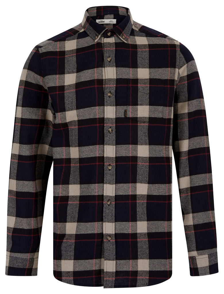 Skilak Yarn Dyed Checked Cotton Flannel Shirt in Sky Captain Navy - To ...
