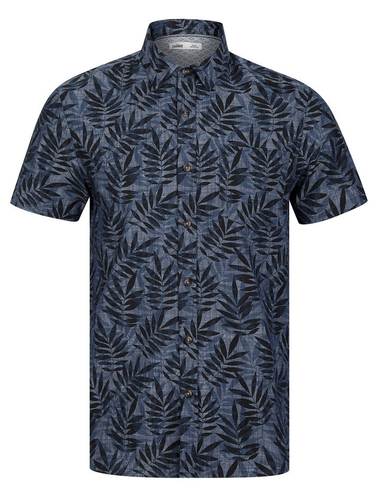 Rama Palm Leaf Print Short Sleeve Cotton Chambray Shirt in Mid Blue ...