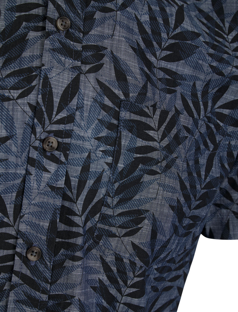 Rama Palm Leaf Print Short Sleeve Cotton Chambray Shirt in Mid Blue ...