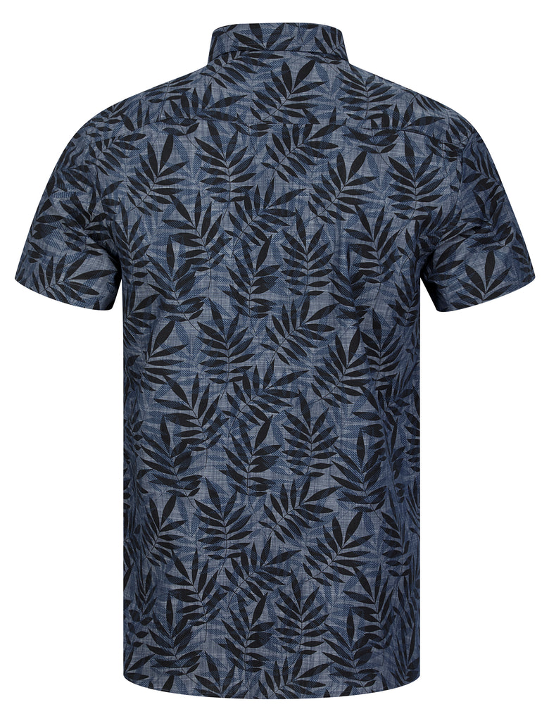Rama Palm Leaf Print Short Sleeve Cotton Chambray Shirt in Mid Blue ...