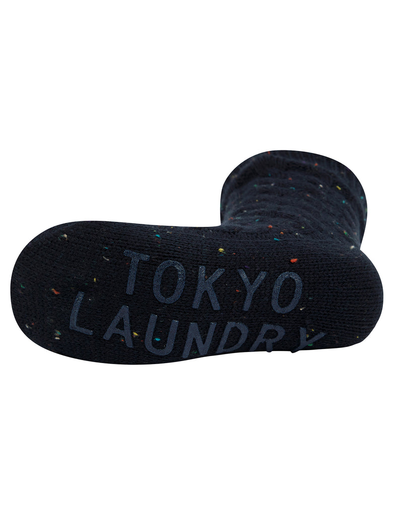 Leven Borg Lined Chunky Cable Knit Slipper Socks in Navy Nep - Tokyo L ...