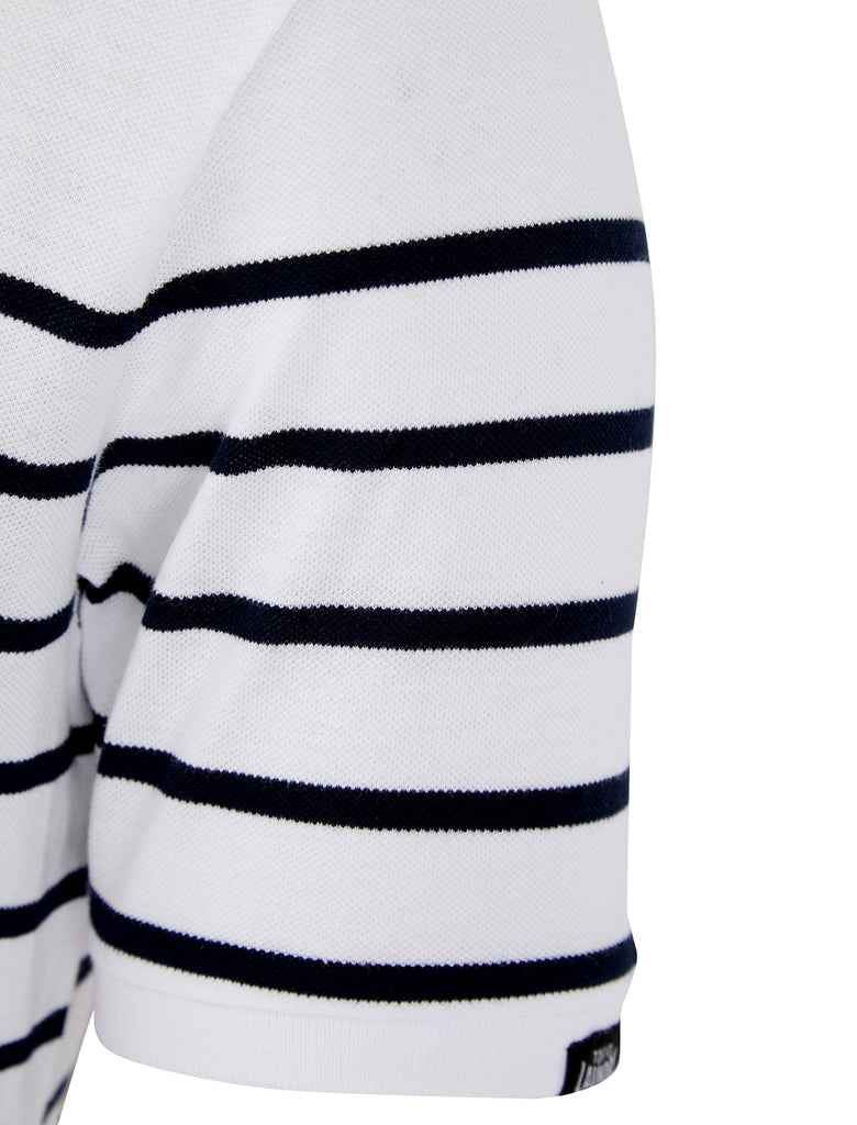 Wick Yarn Dyed Stripe Cotton Pique Zip Fasten Polo Shirt in Optic Whit ...