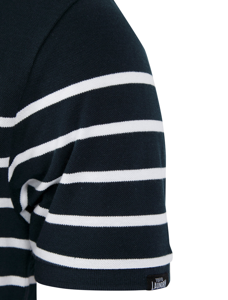 Wick Yarn Dyed Stripe Cotton Pique Zip Fasten Polo Shirt in Sky Captai ...