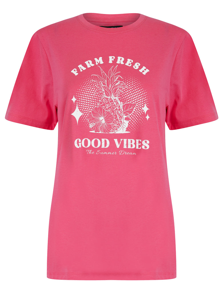 Zesty Graphic Motif Cotton Jersey Crew Neck T-Shirt in Pink Cosmos - W ...