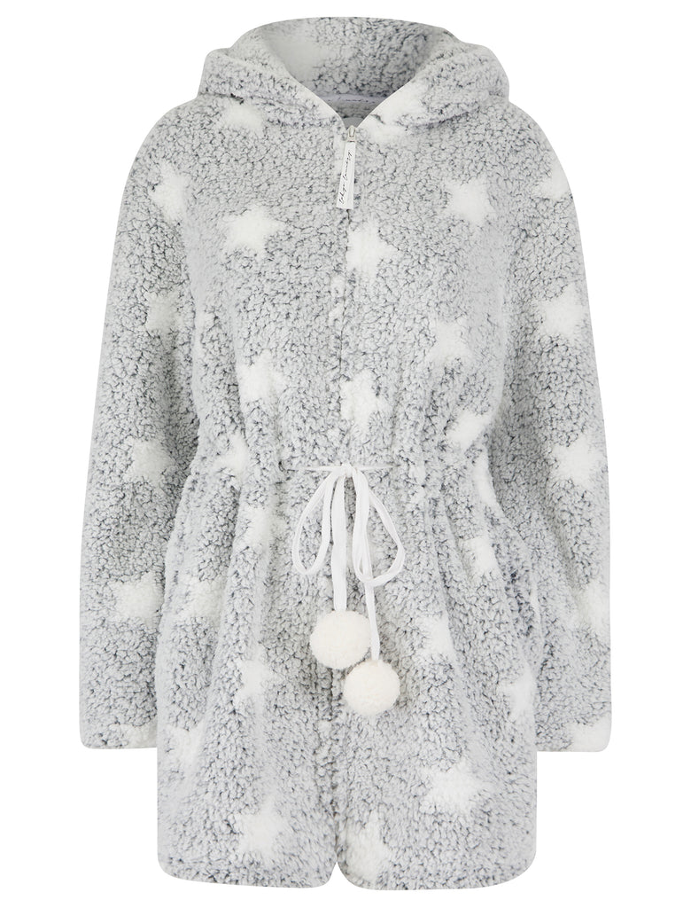 Women's Pom Star Motif Soft Fleece Zip Up Dressing Gown in Grey - Toky ...