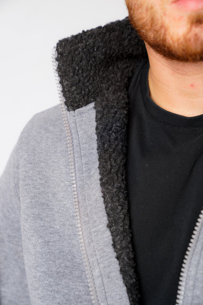 Firey Funnel Neck Zip Through Chunky Sweat With Borg Lining In Mid Gre ...
