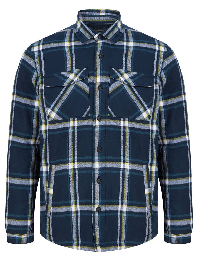 Hesperus Quilted Cotton Flannel Checked Overshirt Jacket in Sky Captai ...