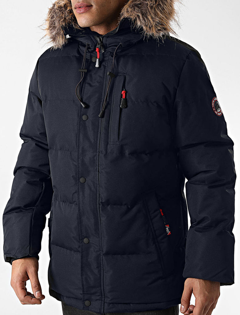 Pisces Taslon Quilted Puffer Coat with Hood In Sky Captain Navy - Toky ...