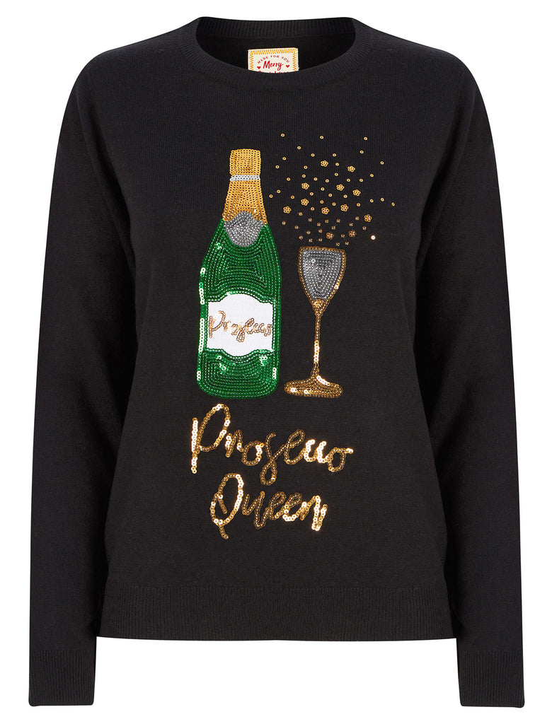 Women's Prosecco Queen Sequin Novelty Christmas Jumper in Jet Black ...