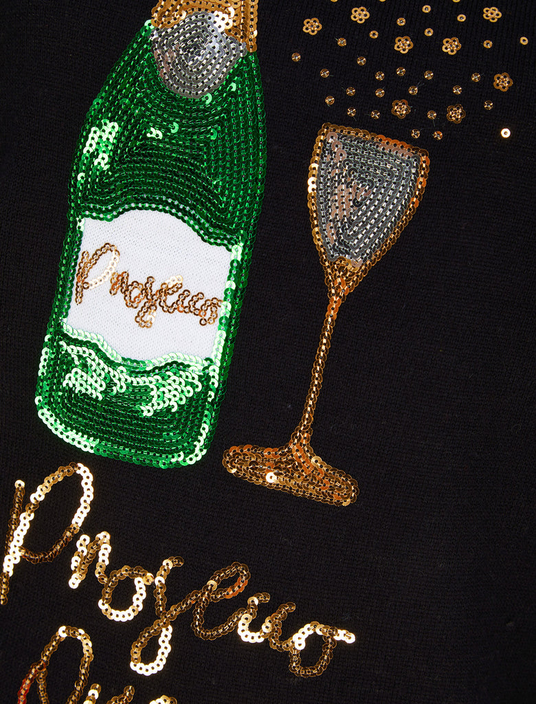 Women's Prosecco Queen Sequin Novelty Christmas Jumper in Jet Black ...