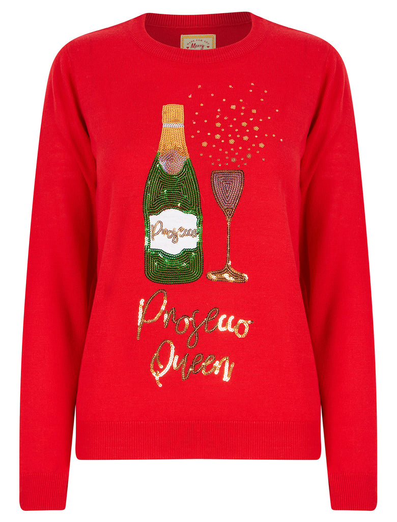 Women's Prosecco Queen Sequin Novelty Christmas Jumper in Tokyo Red ...