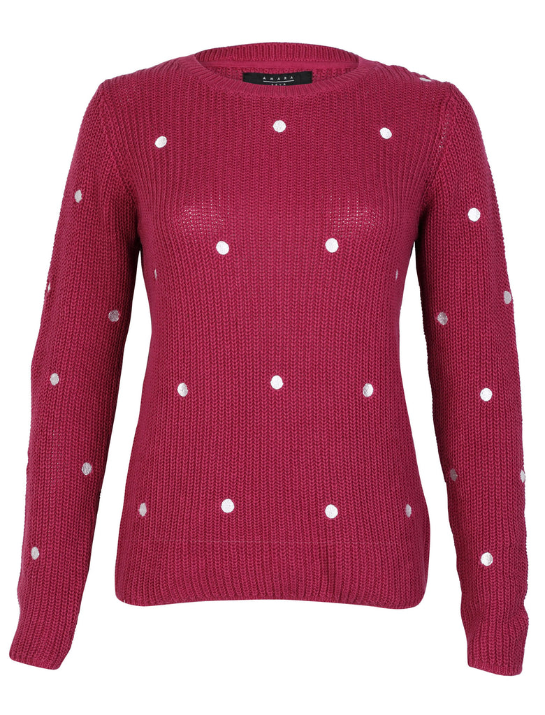 Balsam Crew Neck Rib Knit Polka Dot Jumper in Damson - Amara Reya ...