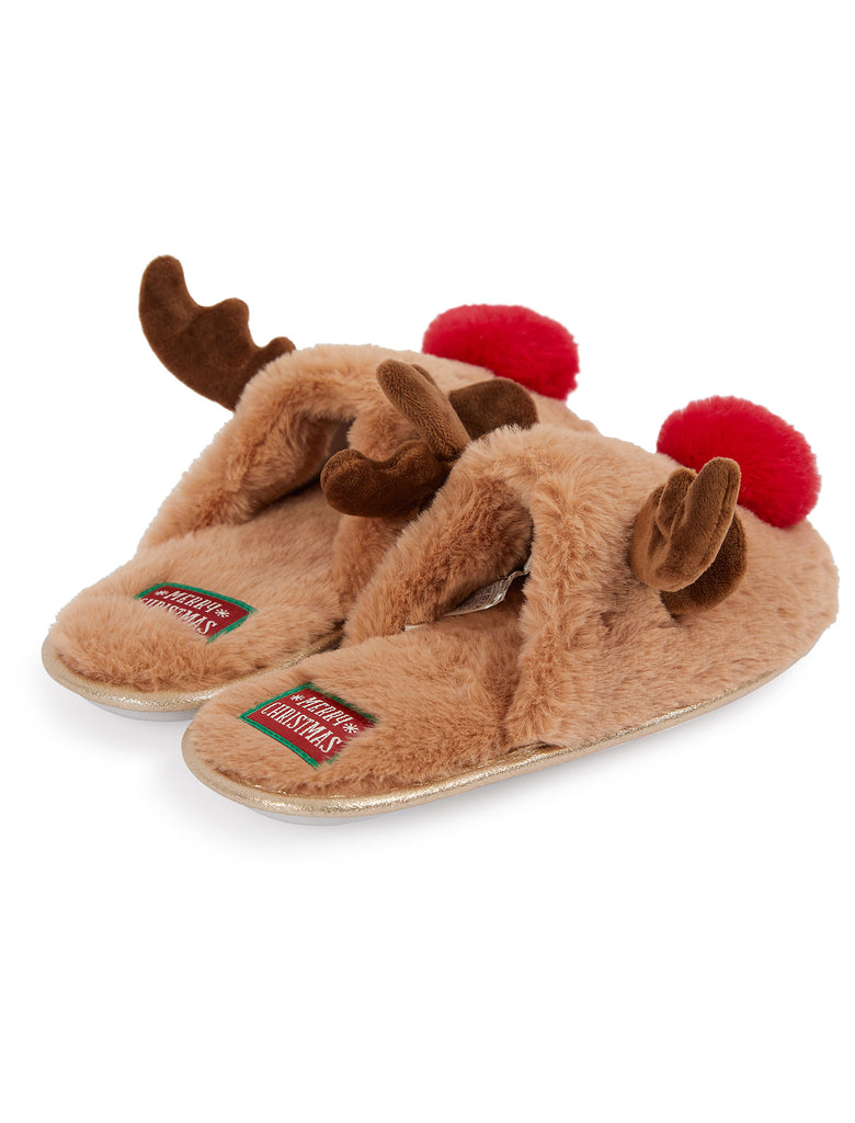 Women's Rudy Red Nose 3D Rudolph Reindeer Faux-Fur Christmas Mule Slip ...