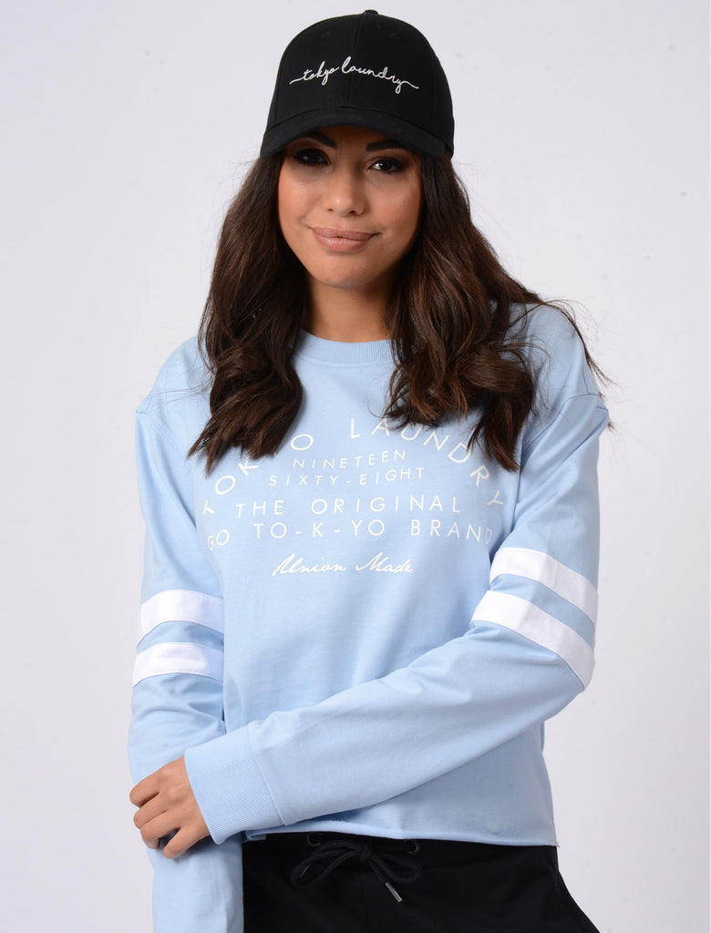 Hazel Sporty Sweatshirt with Racer Stripe Sleeves In Chambray Blue - T ...