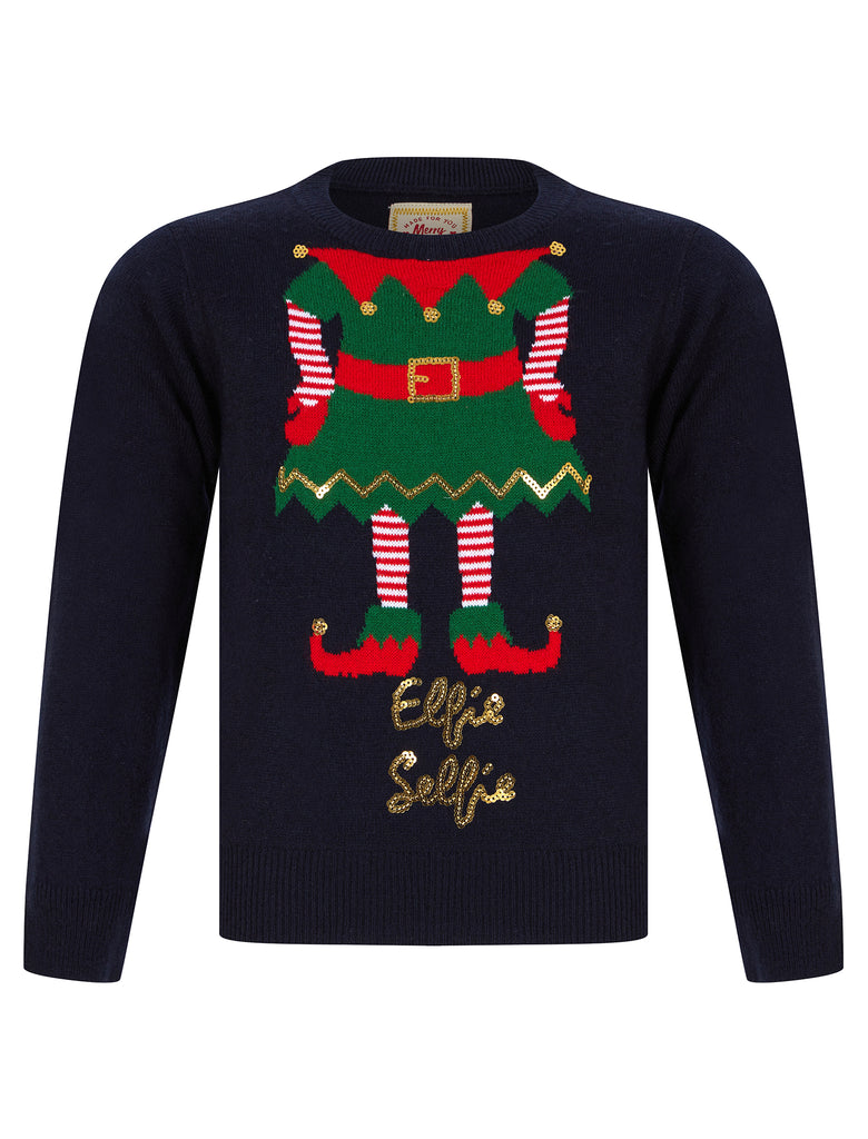 Girl's Elfie Selfie Motif Novelty Sequinned Christmas Jumper in Ink ...