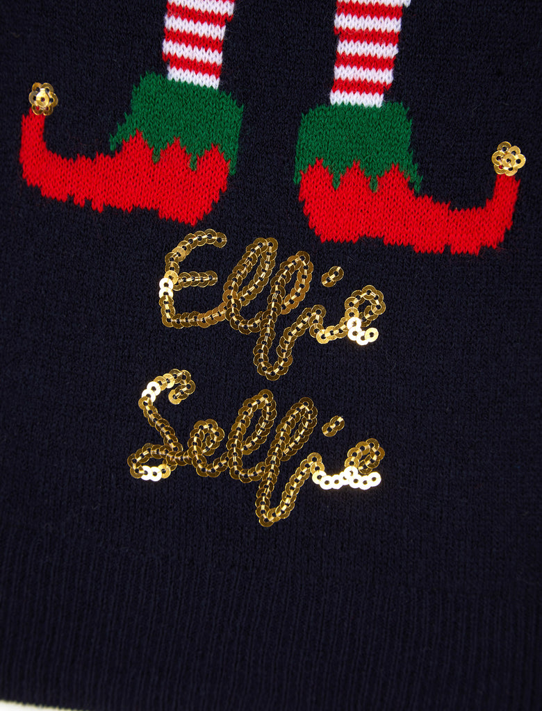 Girl's Elfie Selfie Motif Novelty Sequinned Christmas Jumper in Ink ...