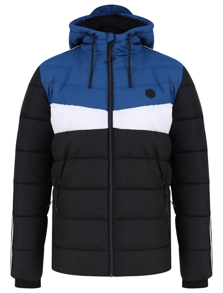 Delmon Hooded Puffer Jacket with Racer Stripe Sleeves In Monaco Blue ...