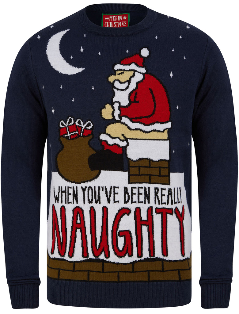 Men's Really Naughty 2 Santa Chimney Motif Novelty Christmas Jumper in ...