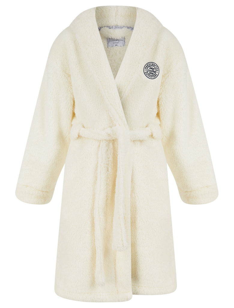 Girls Elleray Soft Fleece Hooded Dressing Gown with Tie Belt in Ecru ...