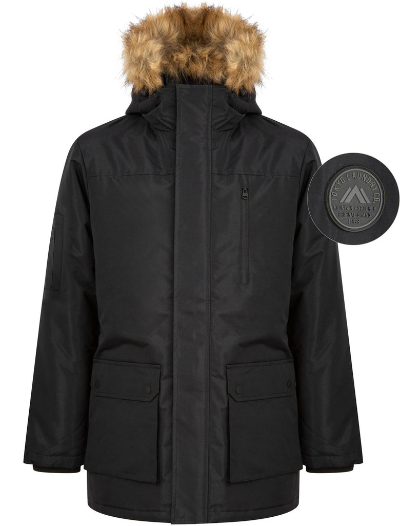 Pahana Taslon Parka Coat with Faux Fur Trim Hood in Jet Black - Tokyo ...