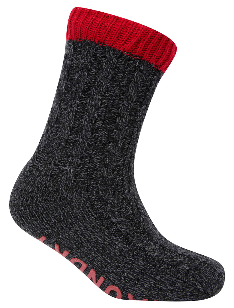 Scoresby Borg Lined Chunky Cable Knit Slipper Socks in Rococco Red - T ...