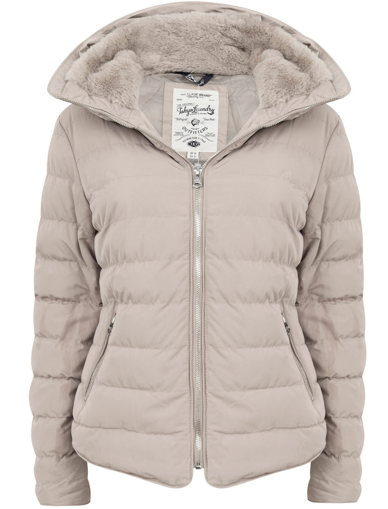Quince Quilted Puffer Jacket with Extendable Hood in Fog Stone - Tokyo ...